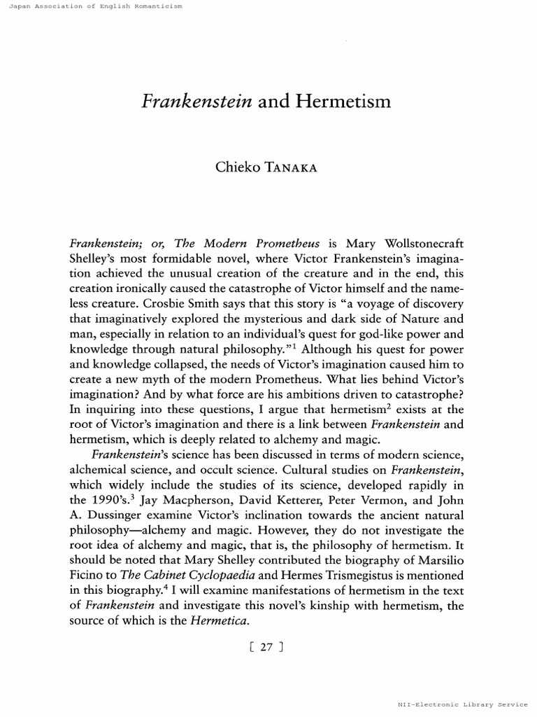 Chieko Tanaka - Frankenstein and Hermetism | PDF | Frankenstein | Alchemy