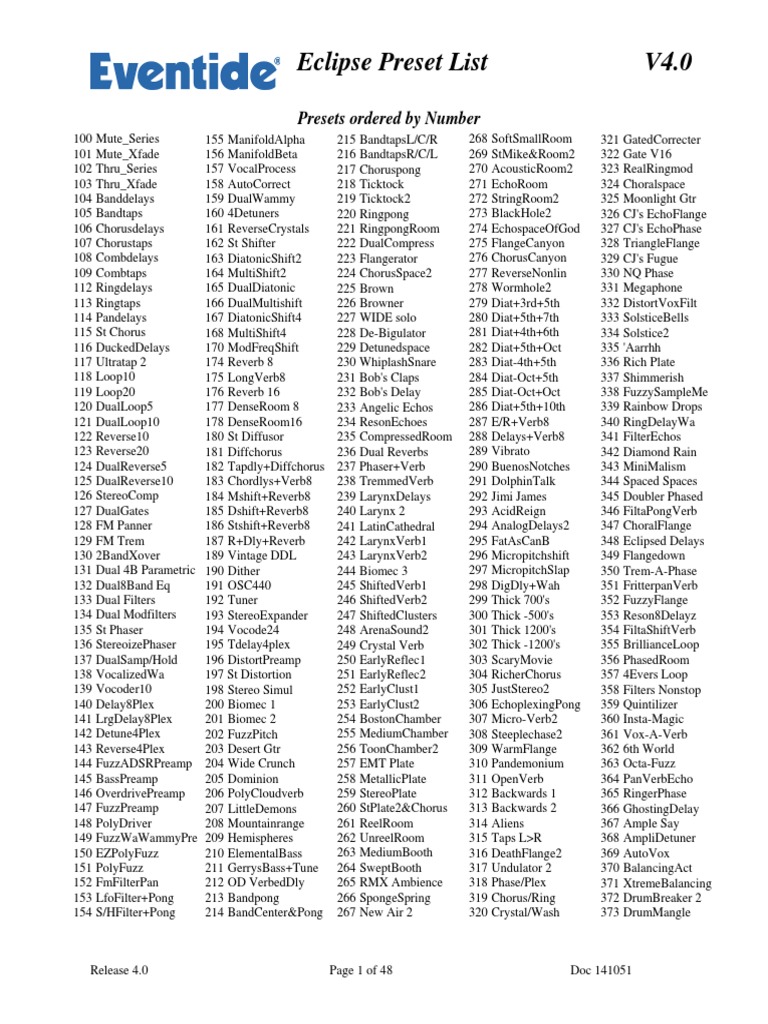 Eclipse Preset List V4.0: Presets Ordered by Number | PDF ...