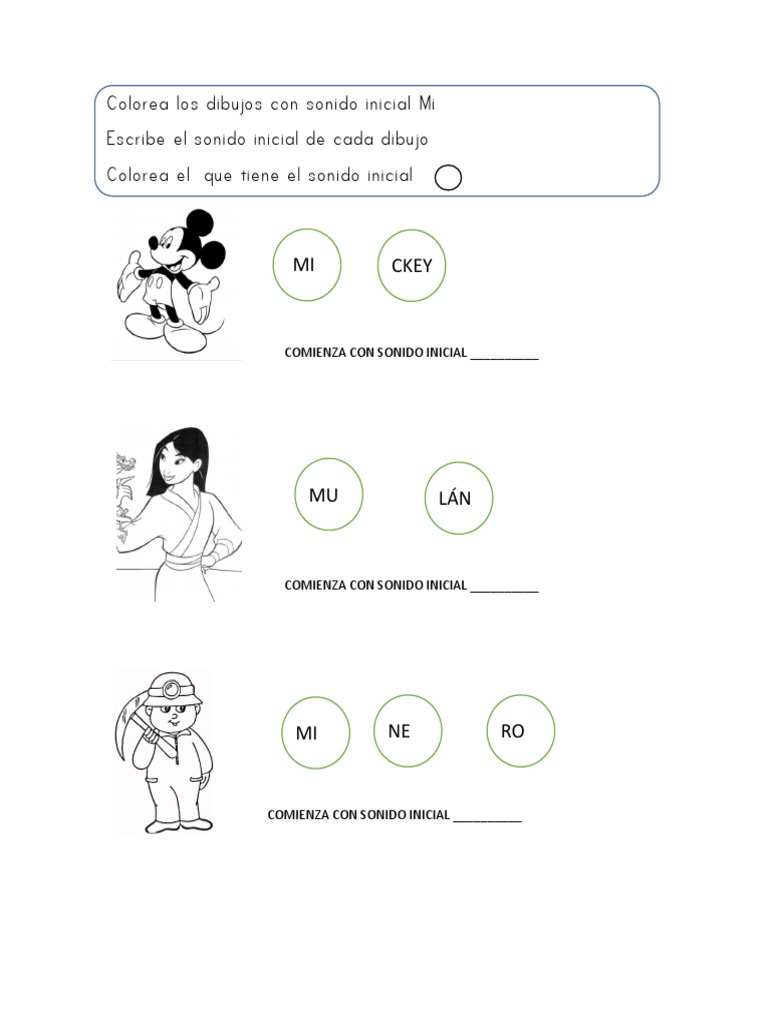 Colorea dibujos con sonido inicial Mi | PDF