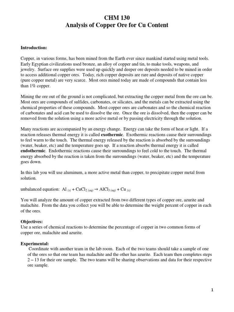 Lab 7 CHM130LL Analysis of Copper Ore W Answers PDF | PDF | Copper ...