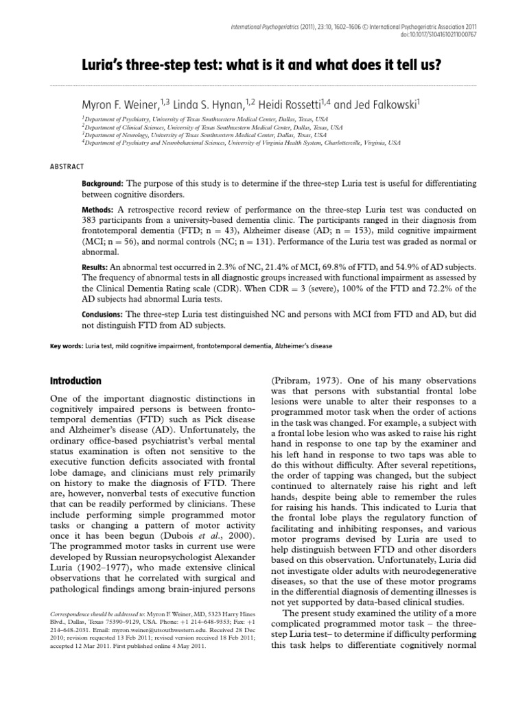 Luria's Three-Step Test: What Is It and What Does It Tell Us? | PDF ...