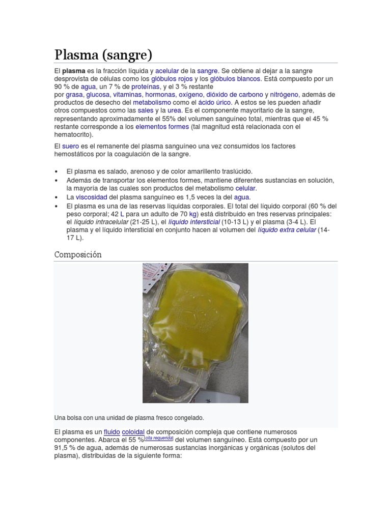 Funciones y composición del plasma sanguíneo | PDF | Plasma sanguíneo ...