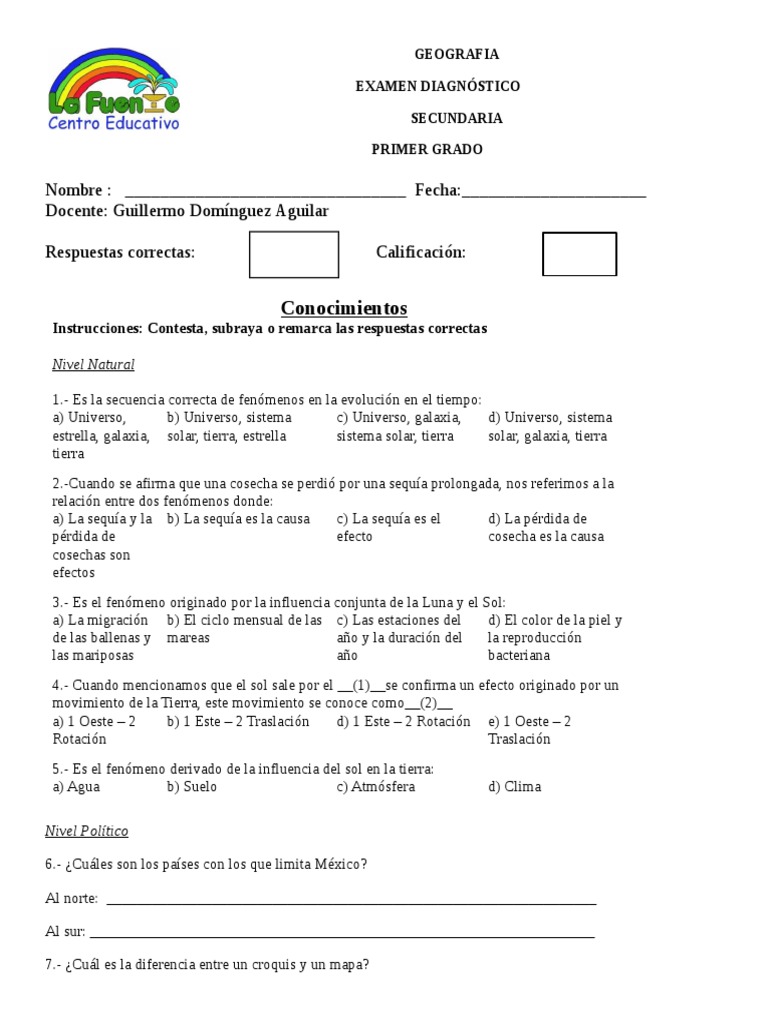 Examen Diagnóstico Geografía Secundaria | Tierra | Agricultura