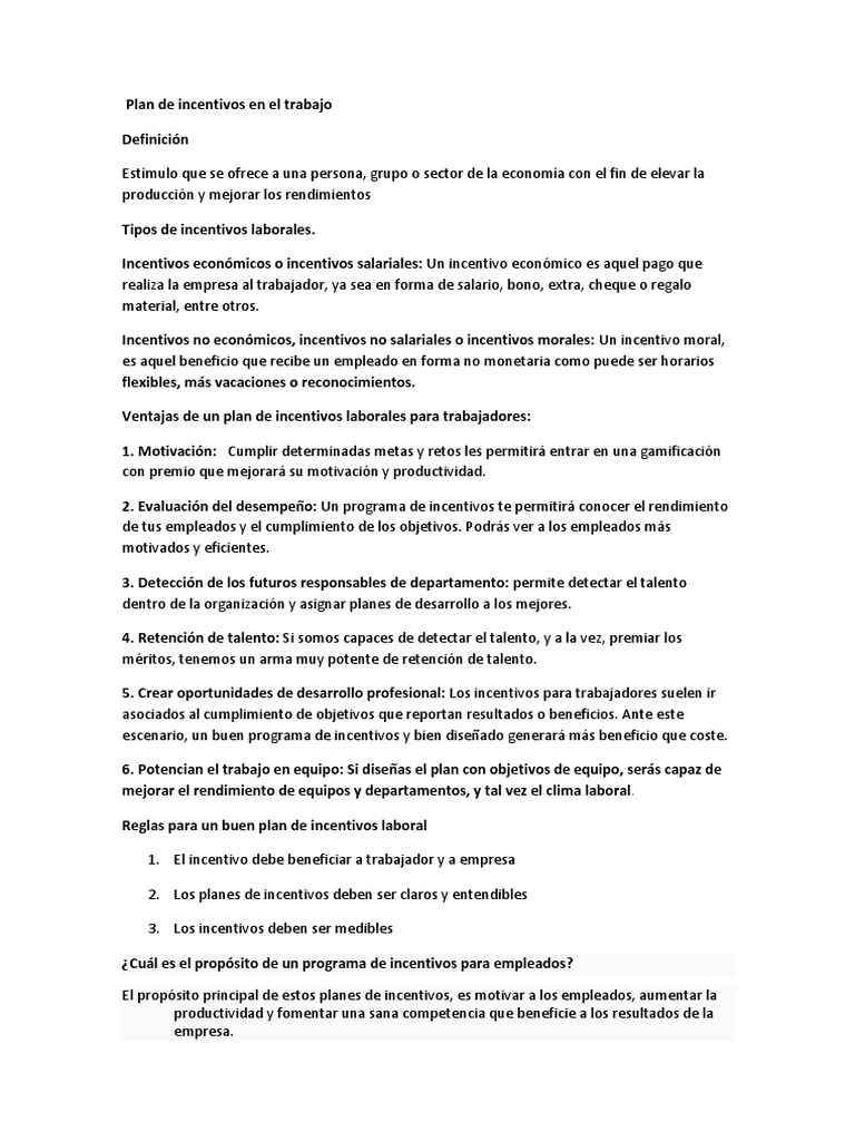 Plan de Incentivos en El Trabajo | PDF | Objetivo | Salario