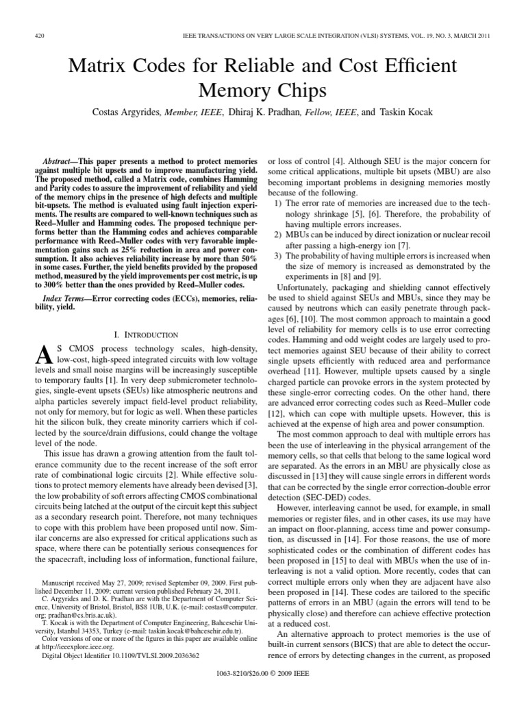 Matrix Codes For Reliable and Cost Efficient Memory Chips | PDF | Error Detection And Correction ...