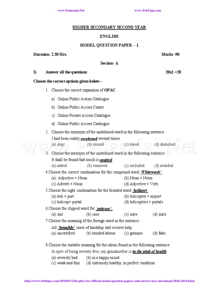 12th English Public Exam Official Model Question Paper 2018 2019 ...