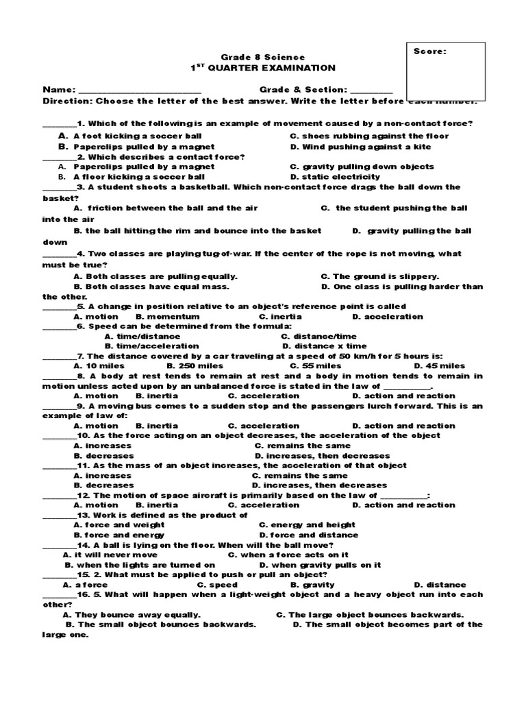 Grade 8 Science 1st Quarter Suative TEst | PDF | Inertia | Force