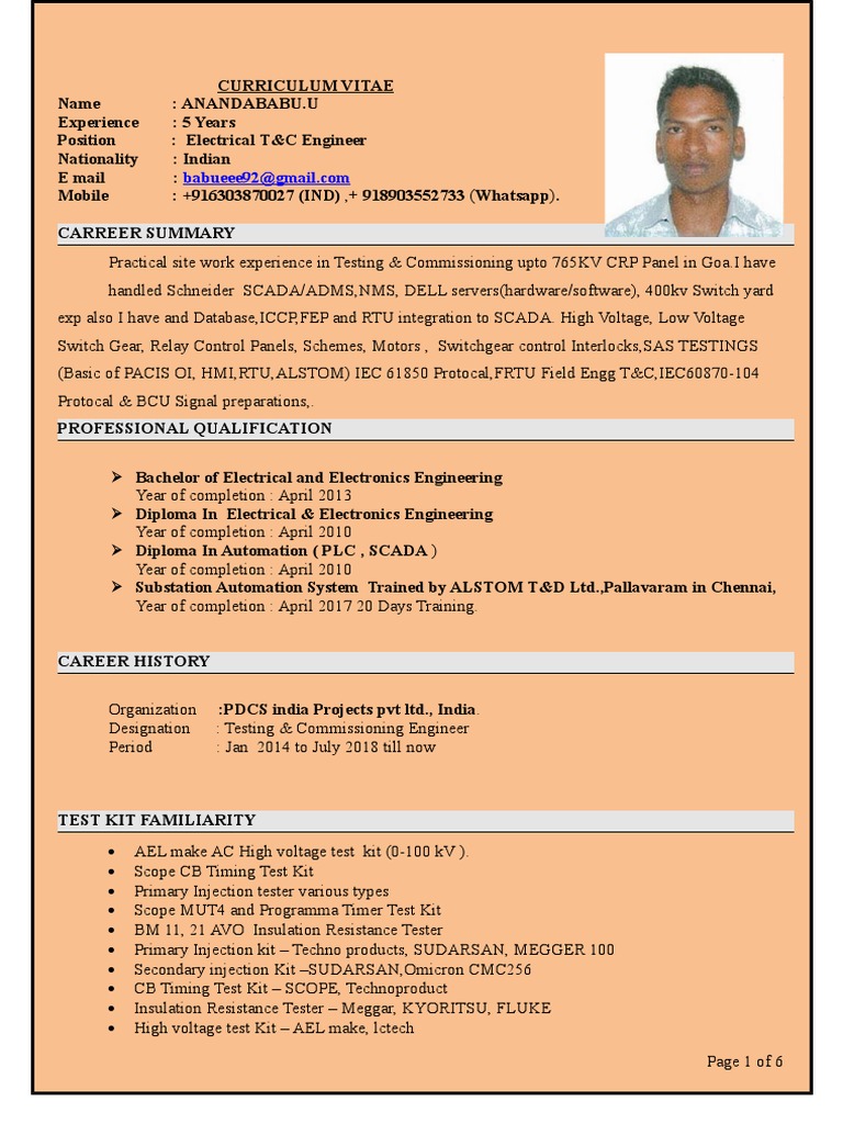 Anandababu Curriculam Vitae | PDF | Scada | Electrical Substation
