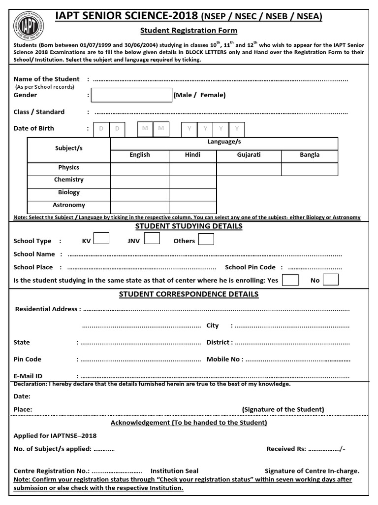IAPT SR Science2018StudentRegistrationForm PDF | Download Free PDF ...