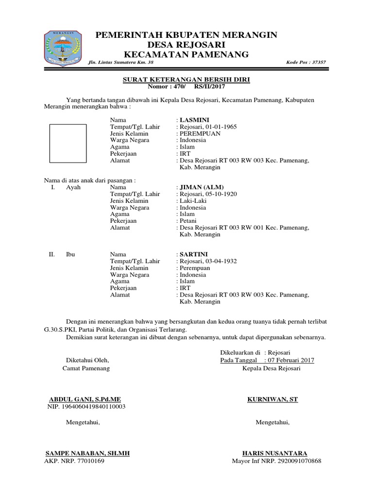 Surat Keterangan Bersih Diri | PDF
