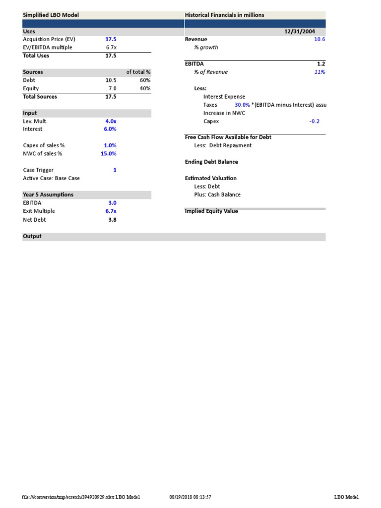 Simplified LBO Model Analysis | PDF | Earnings Before Interest | Revenue