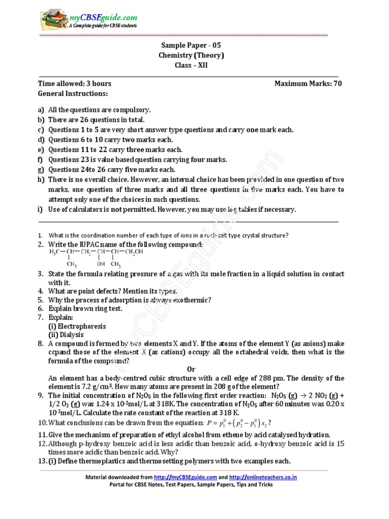 12 Sample Paper Chemistry 05 QP PDF | PDF | Ethanol | Physical Chemistry