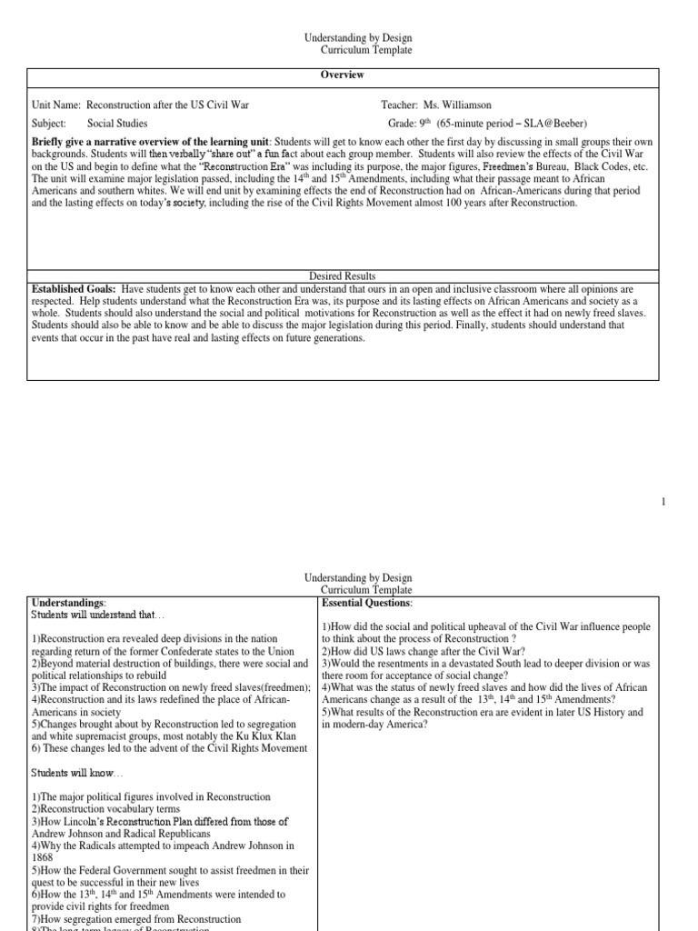 Ubd Curriculum Template | PDF | Reconstruction Era | Freedman