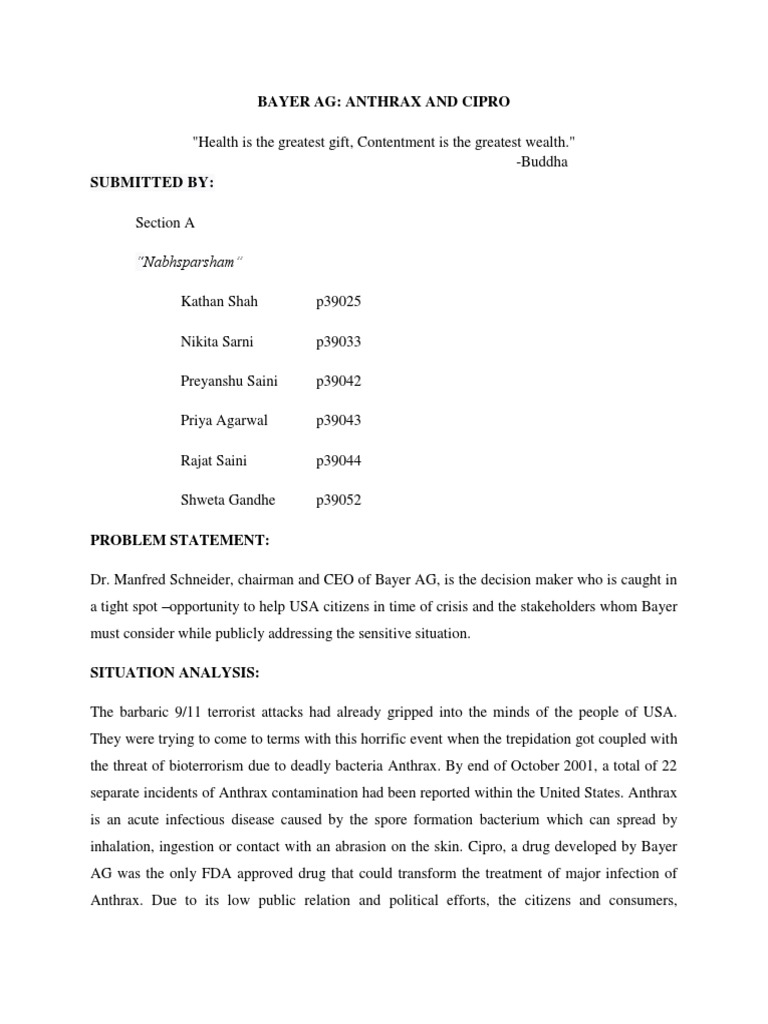 Bayer Ag - Anthrax and Cipro | PDF | Anthrax | Bayer
