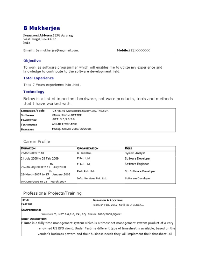 .NET Software Developer Resume | PDF | Web Application | Microsoft Sql Server
