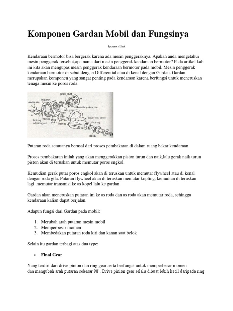 Komponen Gardan Mobil Dan Fungsinya | PDF | Teknologi & Rekayasa