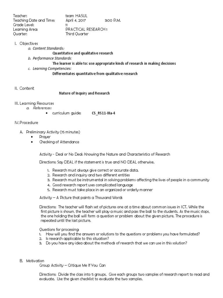 Lesson Plan Practical Research | Qualitative Research | Quantitative ...