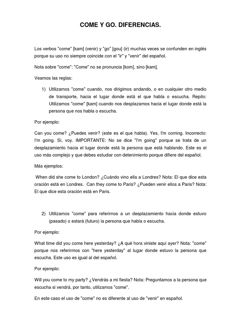 Diferencias Entre Come y Go | PDF | Idiomas