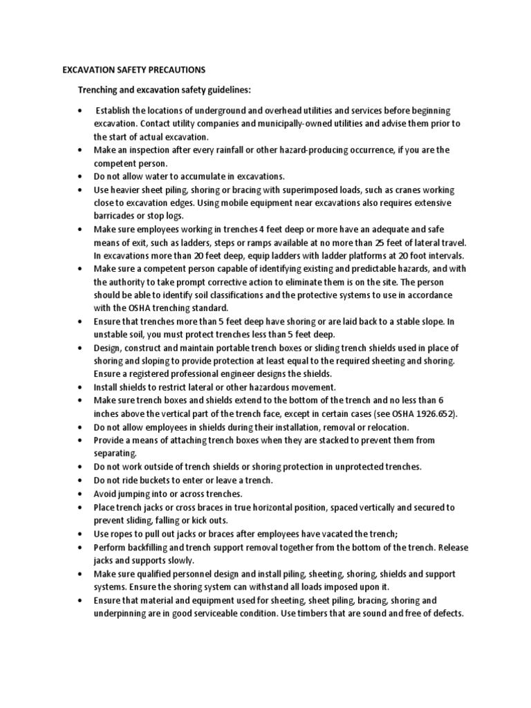 Excavation Safety Precautions Trenching and Excavation Safety ...