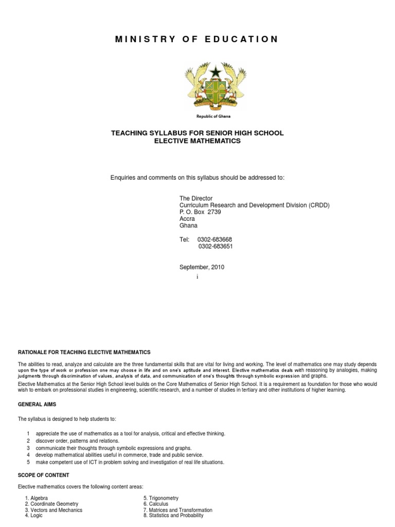 Teaching Syllabus for Senior High School Elective Mathematics | PDF ...