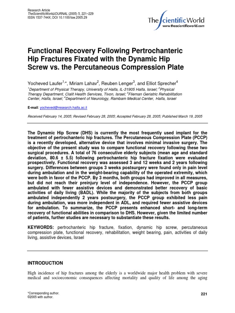 Functional Recovery Following Pertrochanteric Hip Fractures Fixated ...