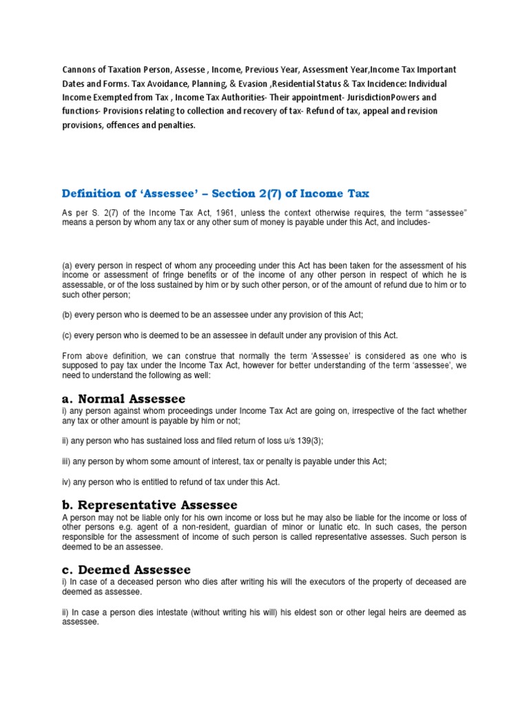 Definition of Assessee' - Section 2 (7) of Income Tax | PDF | Pension ...