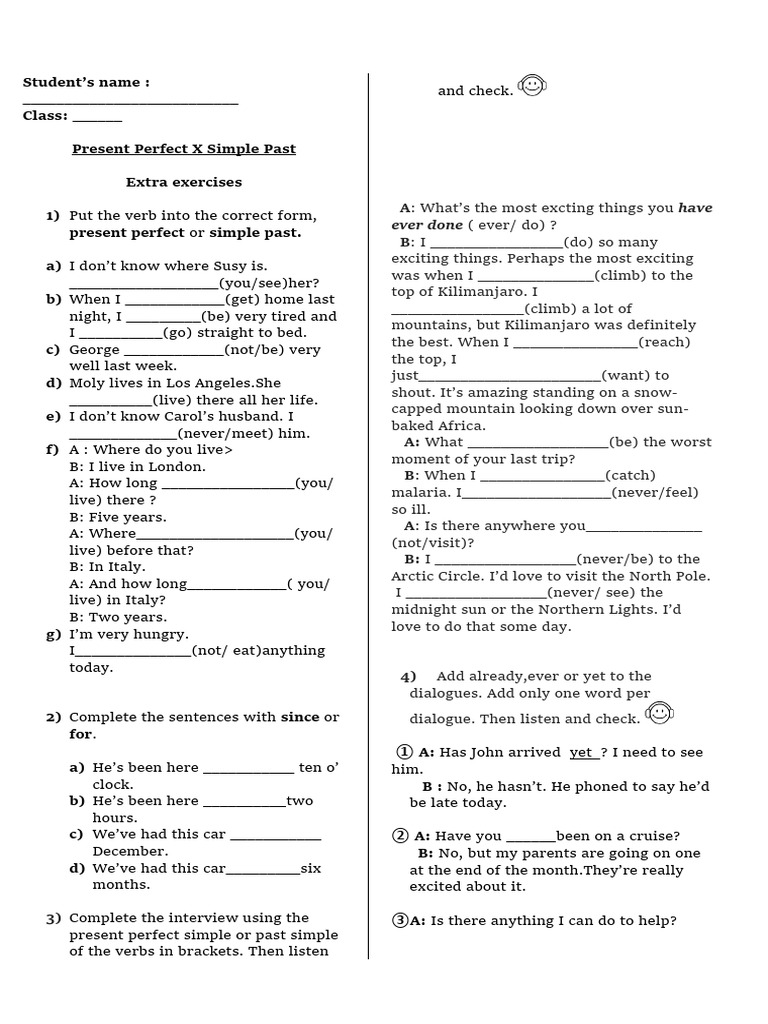 Extra Exercises Present Perfect Versus Simple Past | PDF | Linguistic Morphology | Syntax