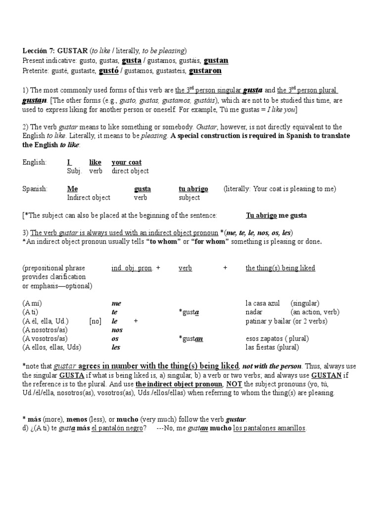 Lesson 7, Gustar & Exercises | PDF | Linguistic Morphology | Language ...