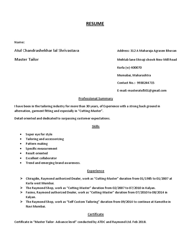 Resume: Atul Chandrashekhar Lal Shrivastava Master Tailo R | PDF