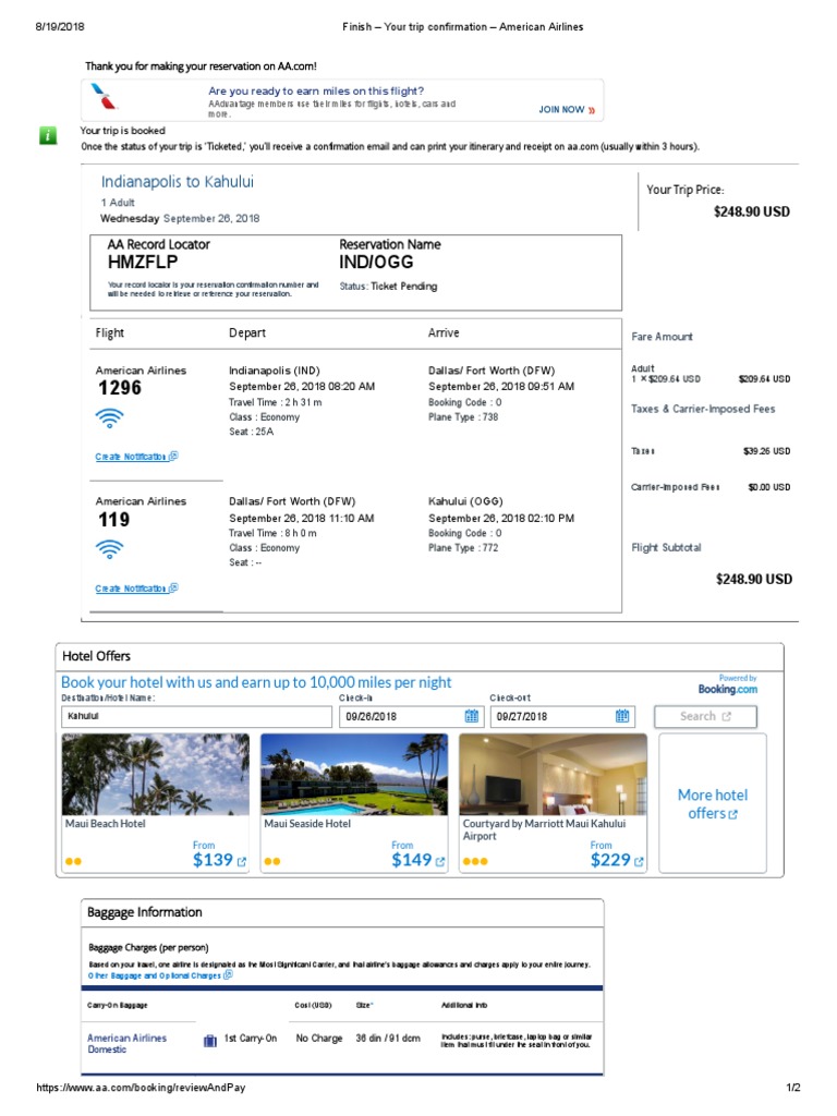 Finish - Your Trip Confirmation - American Airlines | PDF | American ...
