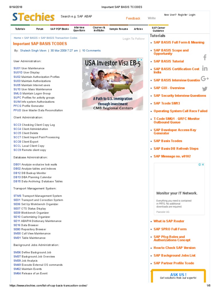 Sap Basis Tcodes | PDF | Operating System | Computer Data