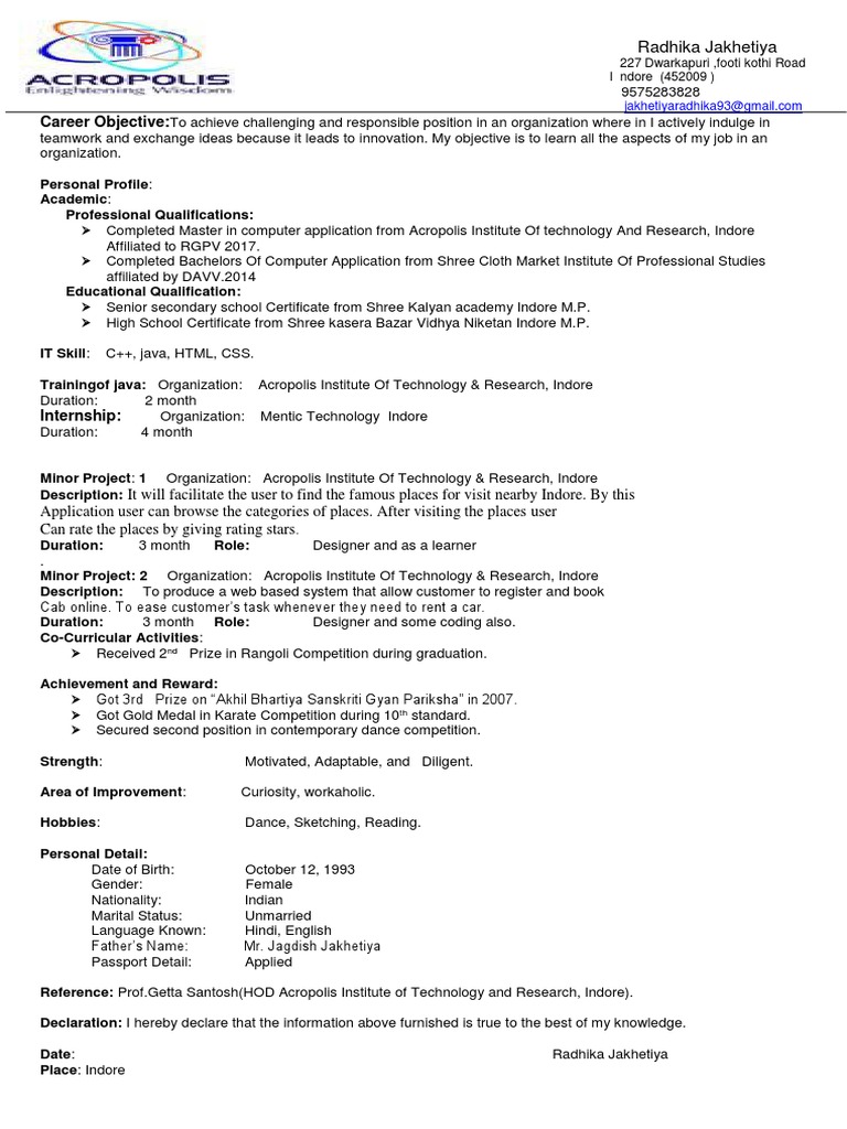 Radhika Resume | Behavior Modification | Computing And Information ...