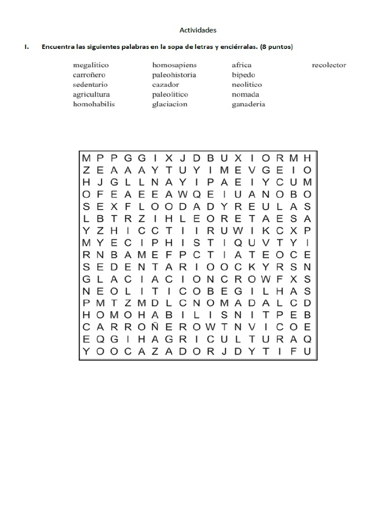 Sopa de Letras Prehistoria