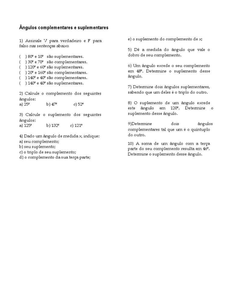 Ângulos Complementares e Suplementares | PDF