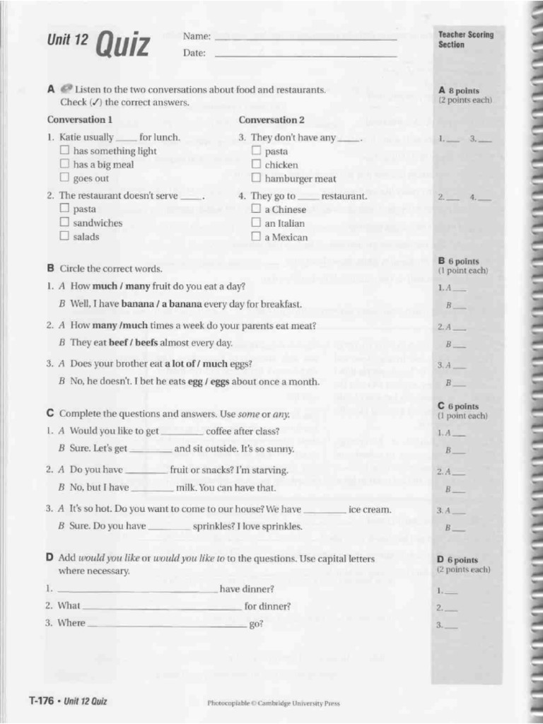 Level 1 Unit 12 Written Quiz | PDF