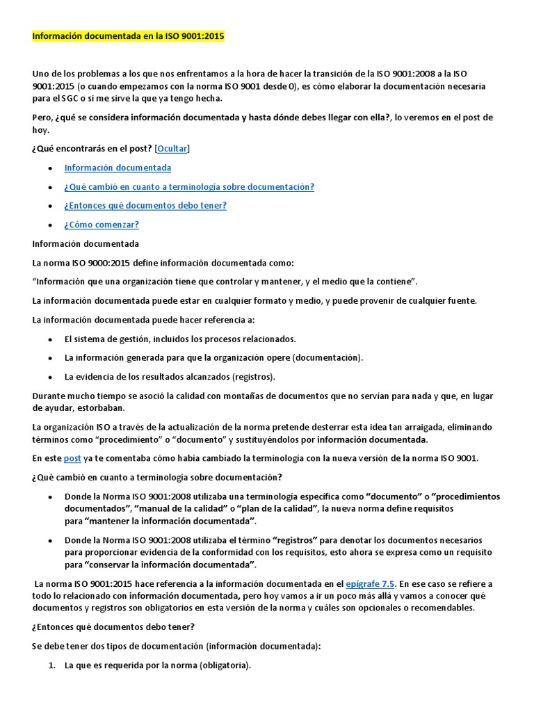 Información Documentada en La ISO 9001 | PDF | Organización ...
