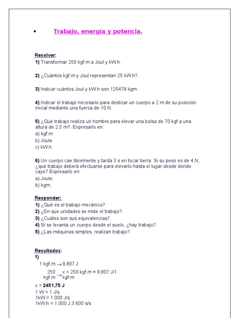 Trab Energia y Potencia Ejer Resuel | PDF | Cinemática | Masa
