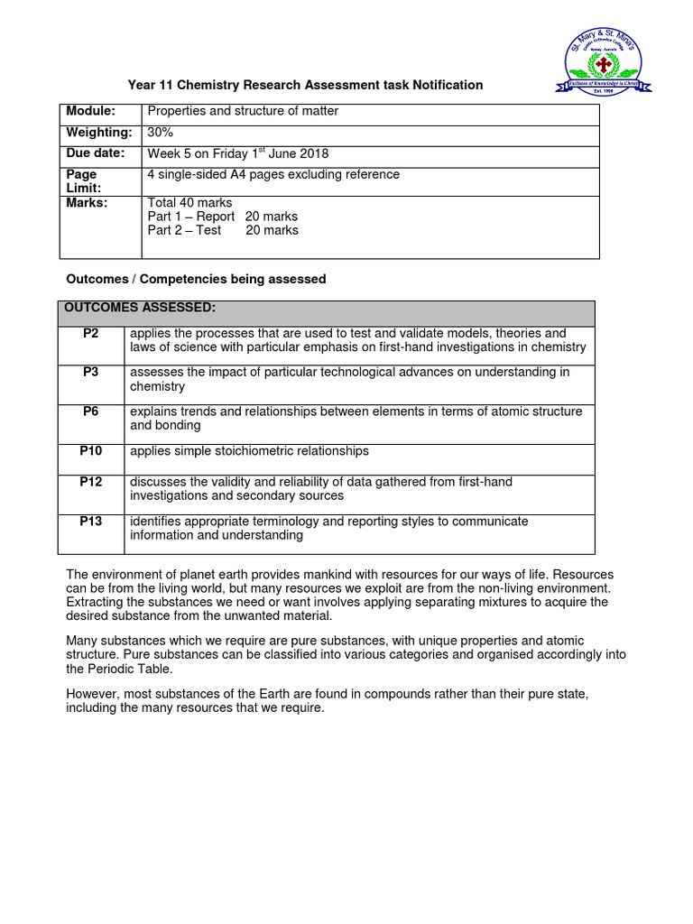 Year 11 Chemistry Assessment Overview | PDF | Ion | Molecules