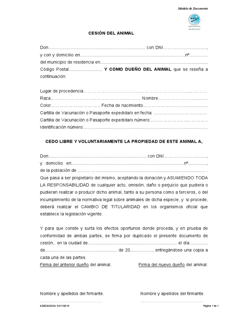 Modelo de CESION DE ANIMAL | PDF | Gobierno