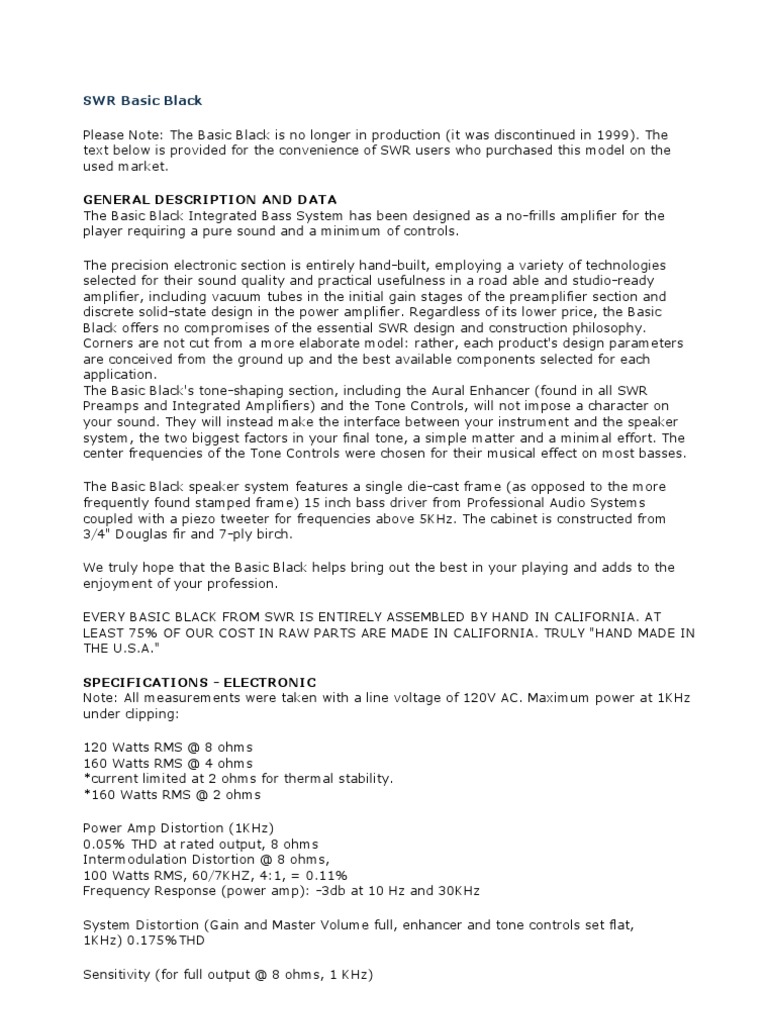 SWR Basic Black Manual | PDF | Amplifier | Loudspeaker