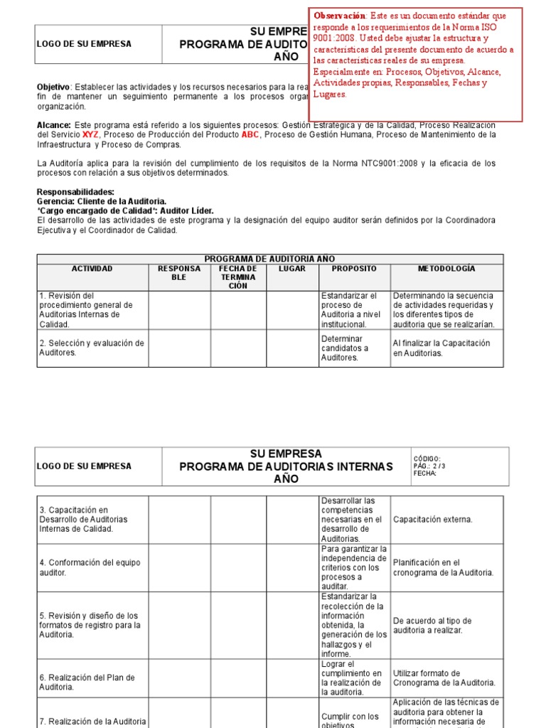 Modelo - Programa de Auditorías Internas.doc | Auditoría | Calidad ...