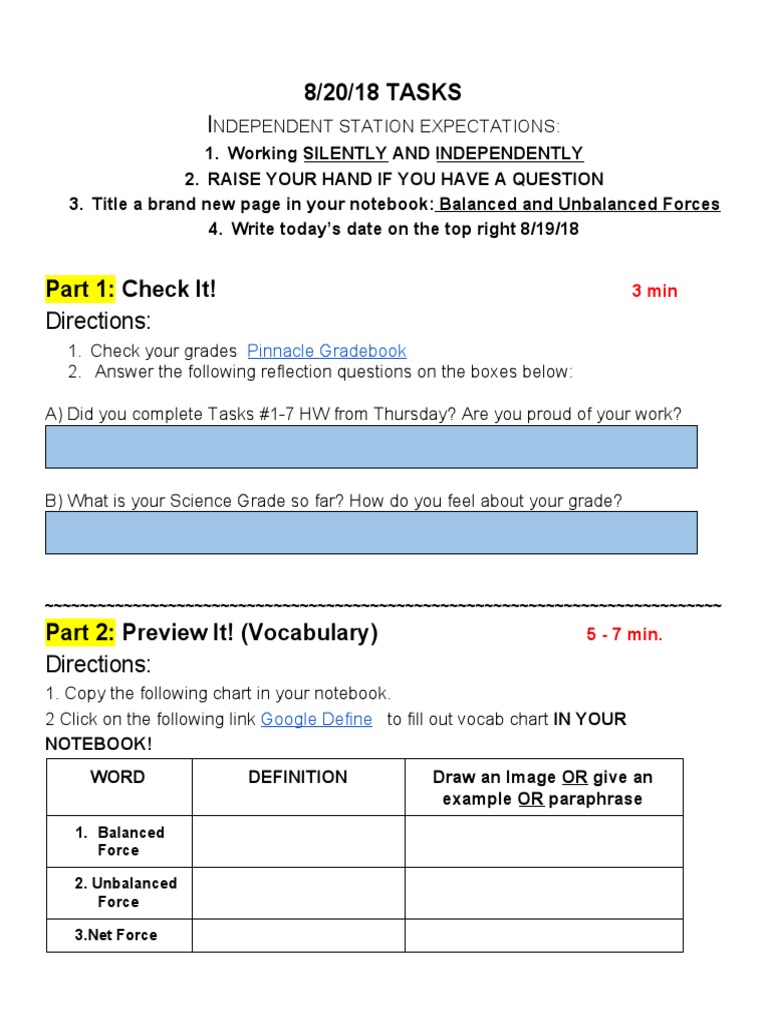 Balanced and Unbalanced Forces Independent Work | PDF | Natural ...