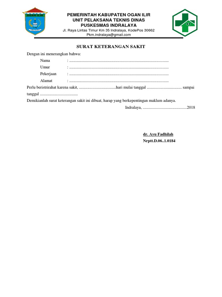 Surat Keterangan Sakit dari Puskesmas Indralaya | PDF
