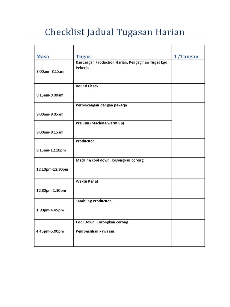 Checklist Jadual Tugasan Harian | PDF