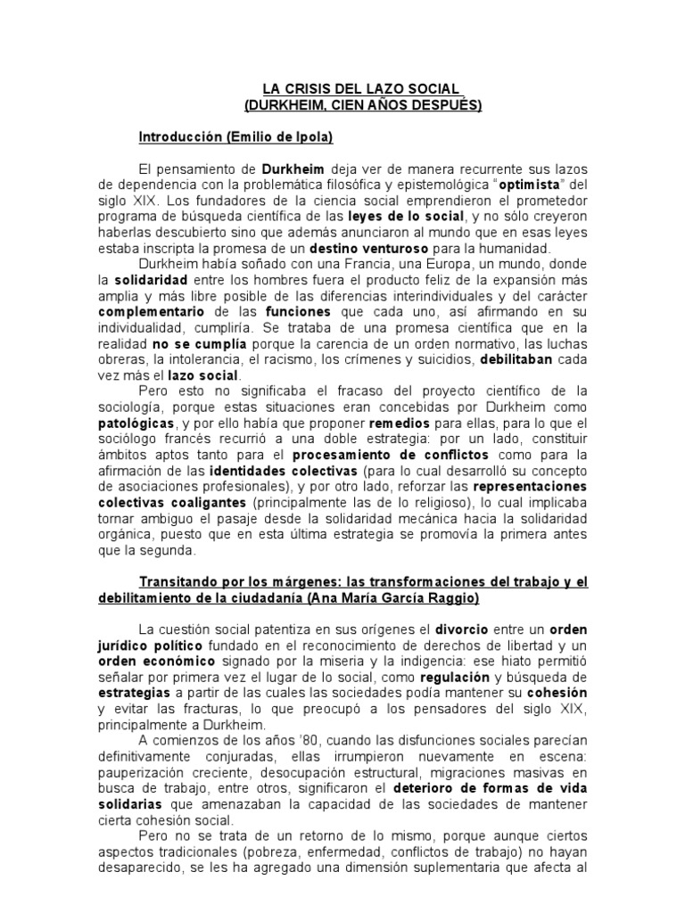 La Crisis Del Lazo Social | PDF | Emile Durkheim | Sociedad