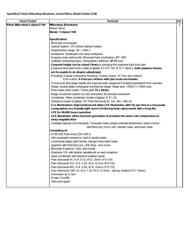 Spesifikasi Nikon Mikroskop Eclipse E100 PDF | PDF | Lens (Optics ...
