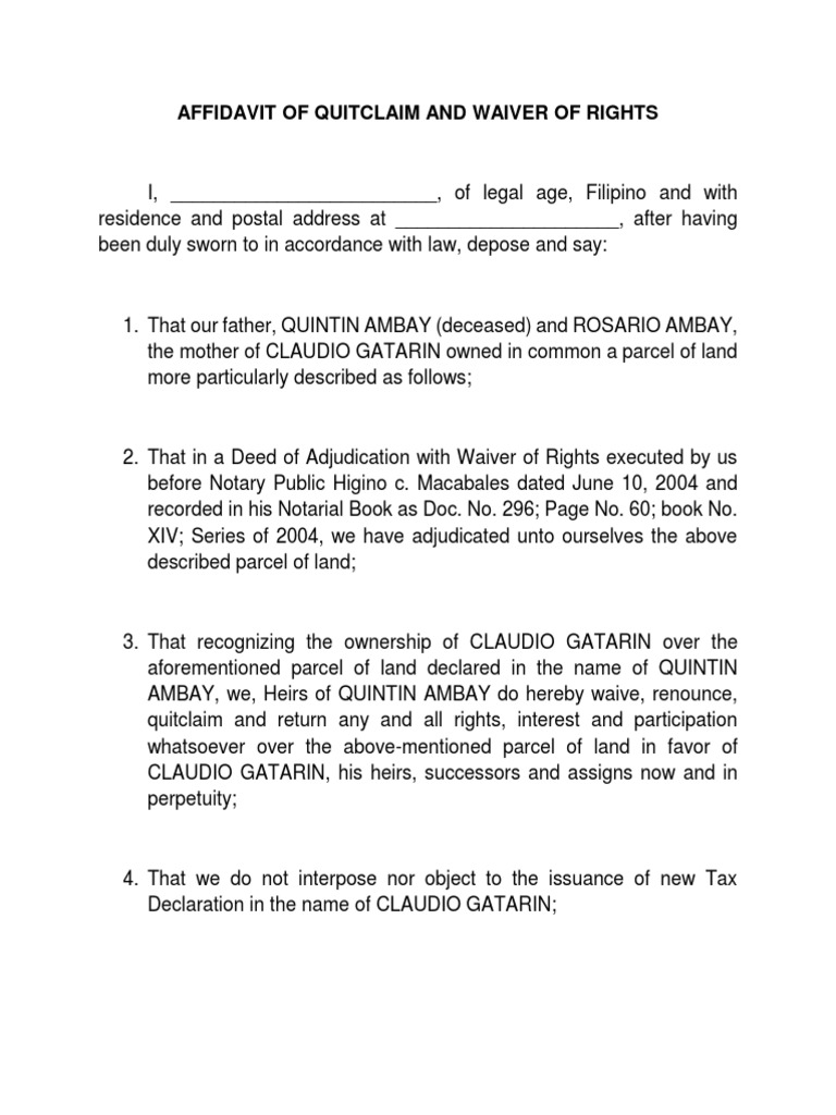 Affidavit of Quitclaim and Waiver of Rights | PDF | Politics | Law