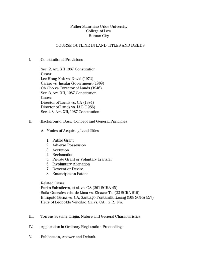 Course Outline in Land Titles and Deeds | PDF | Deed | Property Law
