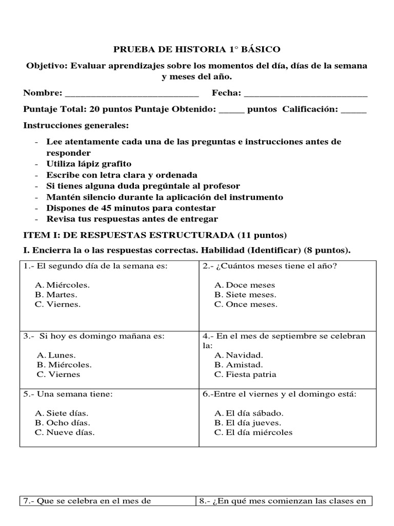 Prueba Historia Meses Del Ano y Dias de La Semana | PDF | Calendario