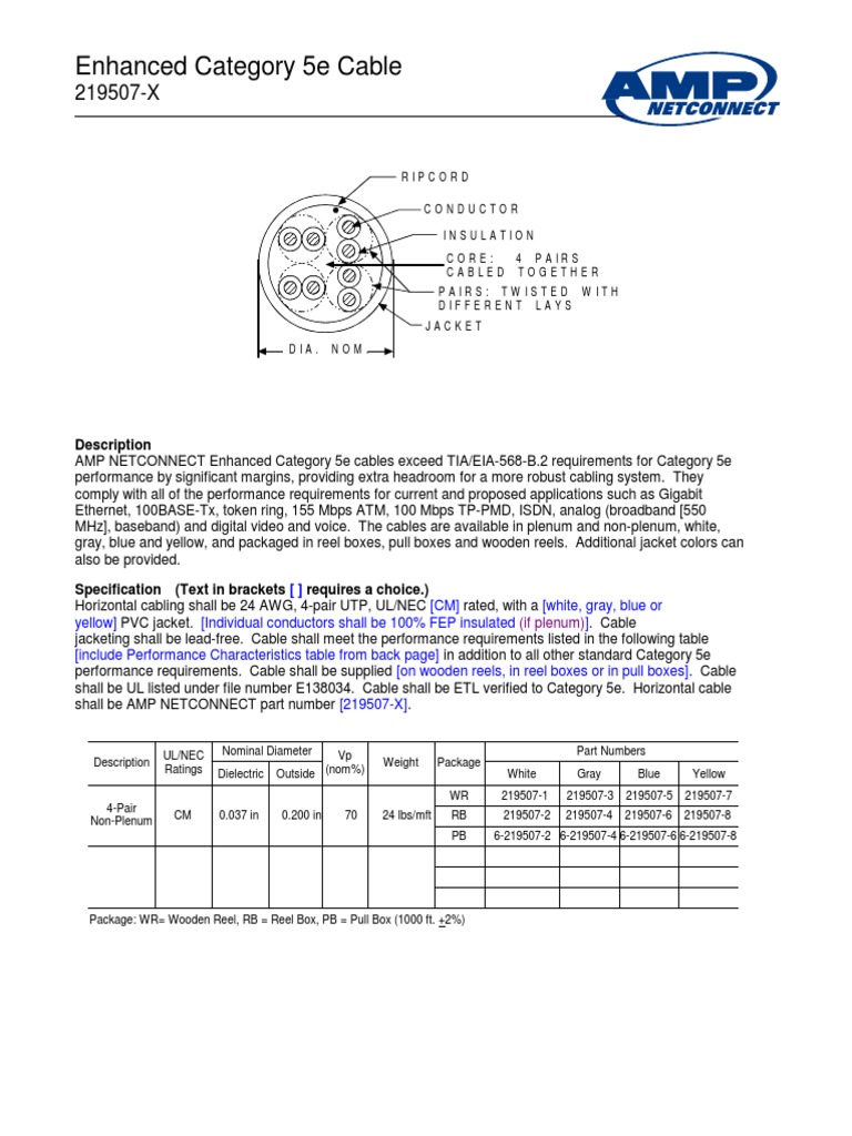 AMP Enhanced Cat 5e Cable Cut Sheet | PDF | Electrical Engineering ...